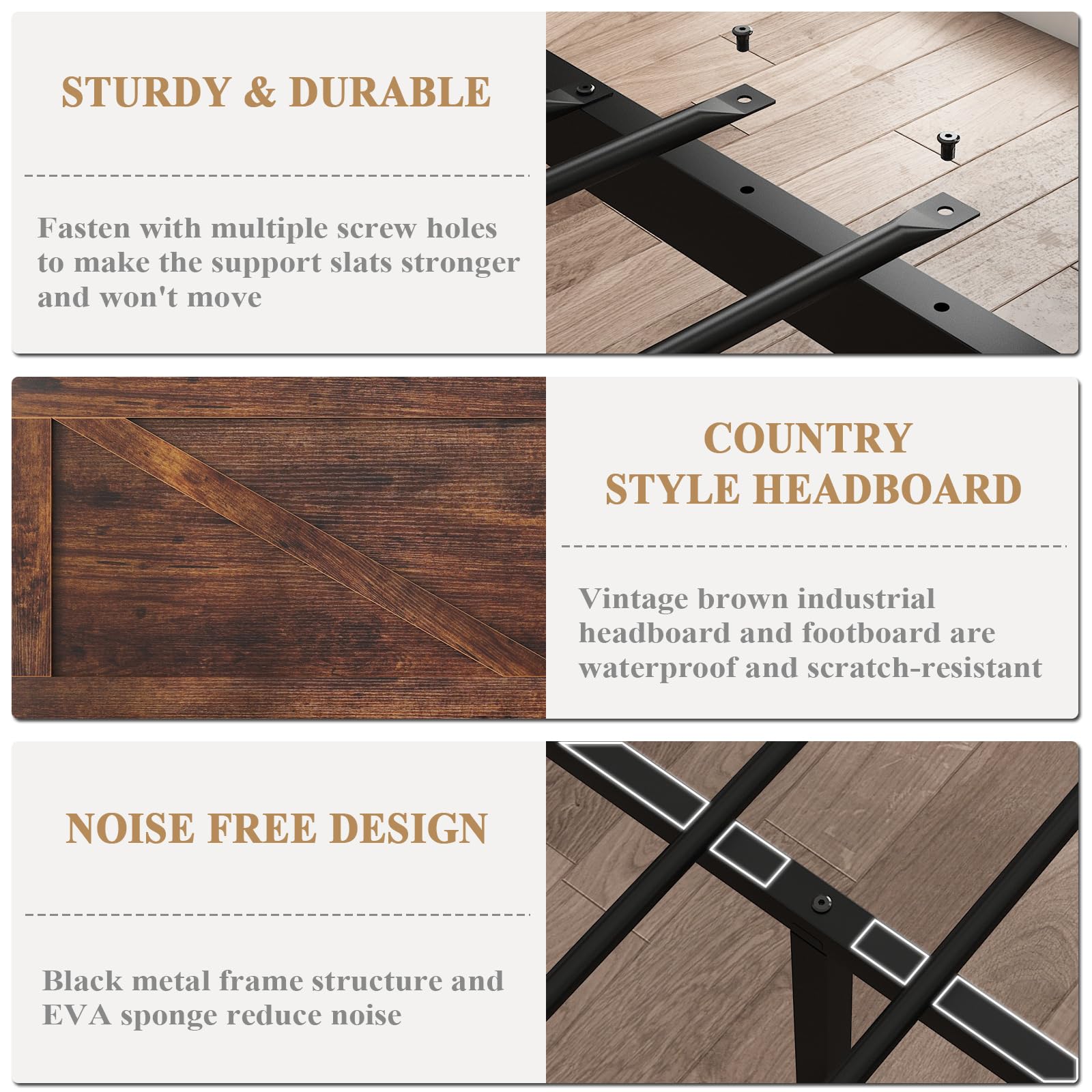 DOGIBIXO Led Bed Frame King Size with Charging Station, Industrial Platform Bed Frame with Rustic Barn Door Wood Headboard, Strong Metal Slats Support, Noise Free, No Box Spring Needed, Brown