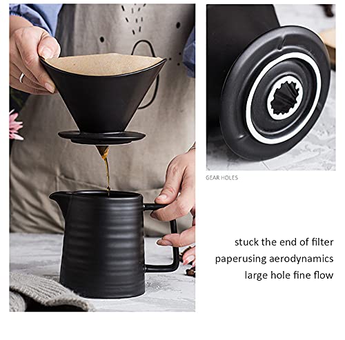 Ceramic Pour Over Coffee Maker, V60 Dripper & Decanter, Hand Brewer Durable Pot, Cone Funnel Coffee Drip with Black Coffee Filter Pot 1-2 Cup