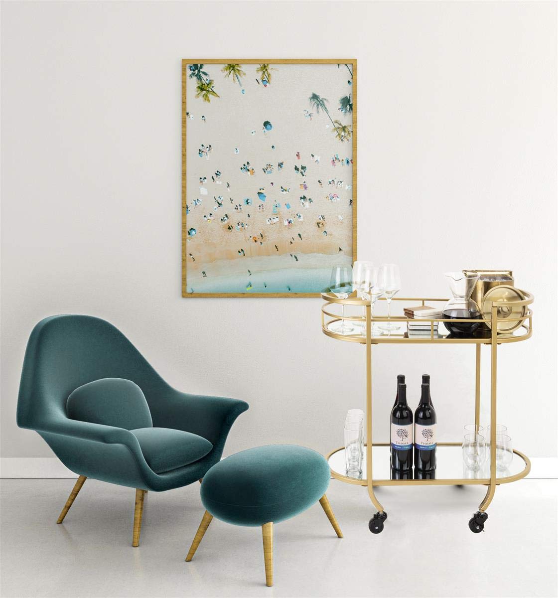 Displays2go Champagne Gold Drinks Trolley, Mirrored Glass Decks, Four Casters - Satin Finish (FSBEVCART5)