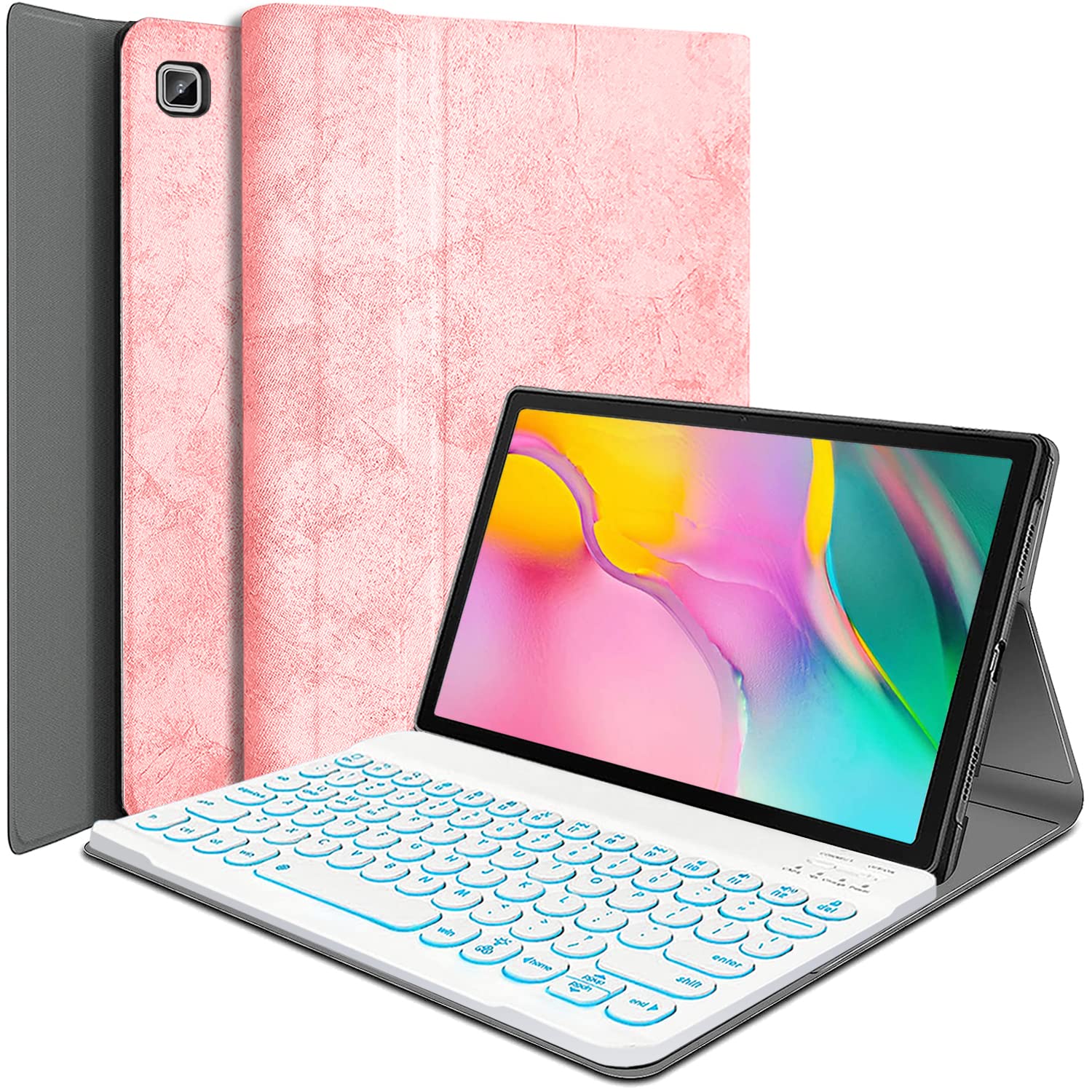 Wineecy Backlit Keyboard Case for Samsung Galaxy Tab A 10.1" 2019, 7 Colors Backlight Magnetically Detachable Wireless Keyboard & PU Folio Stand Cover Case for SM-T510, SM-T515, SM-T517 Tablet (Pink)