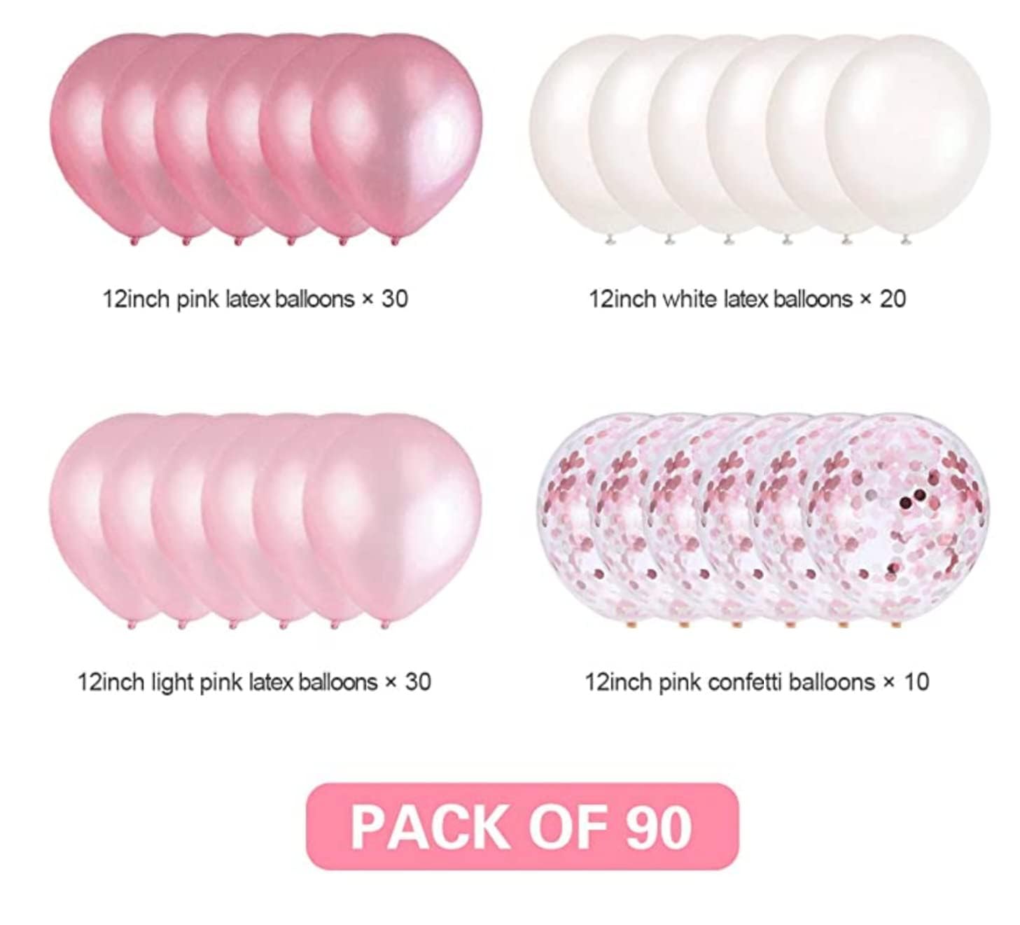 90pcs Pink Balloons Set 12 inch Latex Hot Pink Light Pink White Confetti Latex Balloons for Valentine's Day Decorations Birthday Party Bridal Wedding