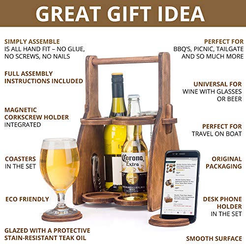 Wood Wine Bottle Glasses Caddy - Beer Carrier - Drinking Desk Accessories - Craft 4 Pack bottle Case - Men's Wine Organizer - Glass tray holder - Wine storage stand - Drink Holder for beer, for wine