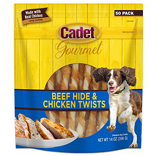 Cadet Gourmet Beef Hide & Chicken Twists Dog Treats - Healthy & Natural Rawhide & Chicken Dog Treats for Small & Large Dogs - Inspected & Tested in USA, 5 In. (50 Count)