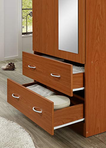Hodedah Two Door Wardrobe with Two Drawers and Hanging Rod plus Mirror, Cherry