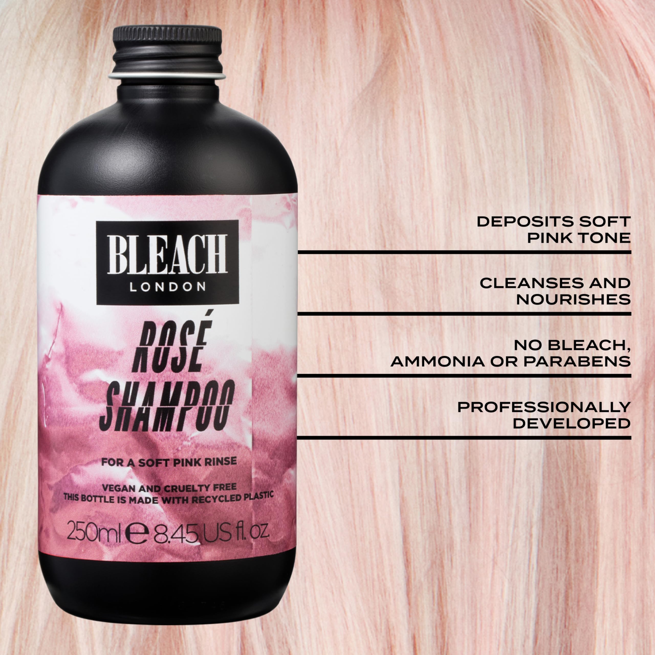 BLEACH LONDON Rose Shampoo - High Pigmented Soft Pink Rinse, Vegan, Cruelty Free, Color Protected Clean, Color Depositing Toning Formula, 8.45 fl oz