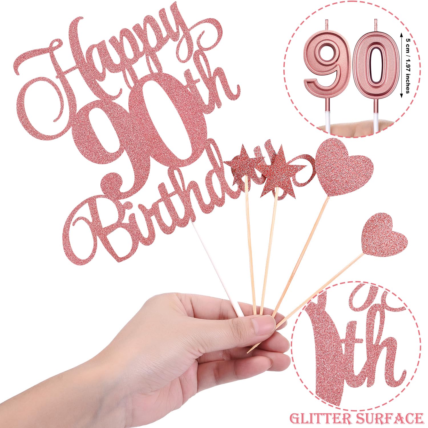 90th Birthday Cake Decorations Set Include 90th Birthday Candles Numeral 90 Cake Candles and Happy 90th Birthday Cake Toppers with Heart Star Cupcake Picks for Birthday Party (Rose Gold Series)