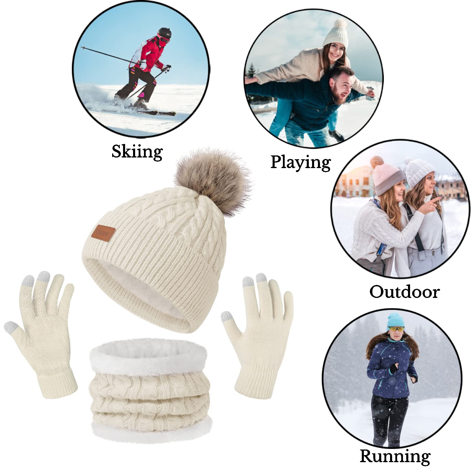 3 in 1 Winter Hat Scarf Glove Set for Women, Warm Fleece Lined Knit Beanie Hat Touchscreen Mittens and Neck Warmer, Beige