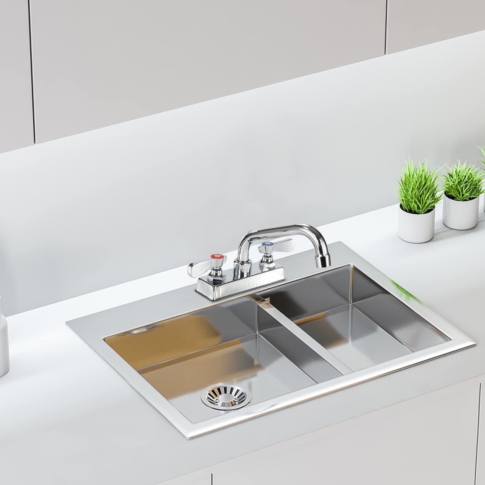 Commercial Bar Sink Faucet 4 Inch Center Deck Mount Bar Sink Faucet 2 Hole Brass Constructed & Chrome Polished with 12" Swivel Spout & Dual Lever Handles