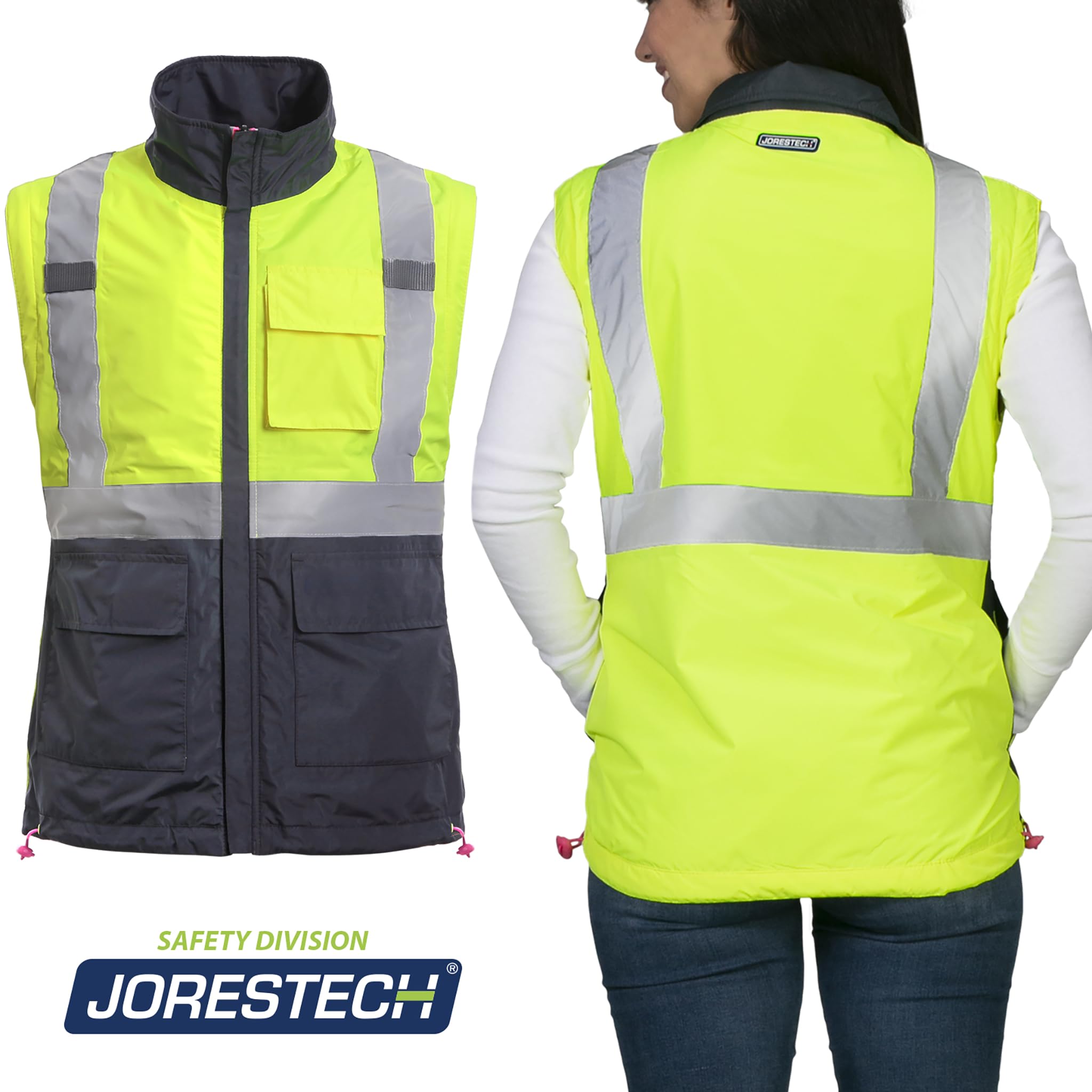 JORESTECH Safety 4-in-1 Windbreaker Reversible Gray Fitted Jacket Reflective High Visibility with Removable Sleeves JK-05 Small