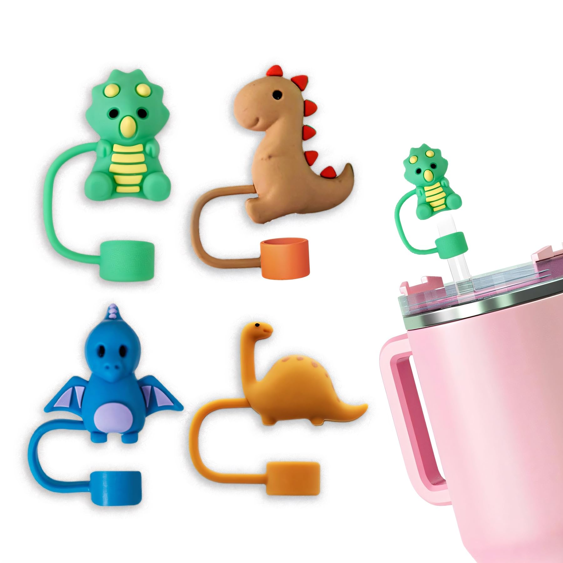 4 Pack Dinosaur Straw Cover Cap for Stanley Cup 30&40 Oz Tumblers, 0.4in/10mm Silicone Straw Topper Protector Lid with Cute Dinosaurs Kids Cup Accessories