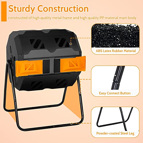 43 Gallon Compost Bin Outdoor Compost Tumbler Outdoor Composting Bin with Dual Chamber Sliding Doors, Tumbling Composter Outdoor, Manual Tiller Composters Tumbling or Rotating Outdoor