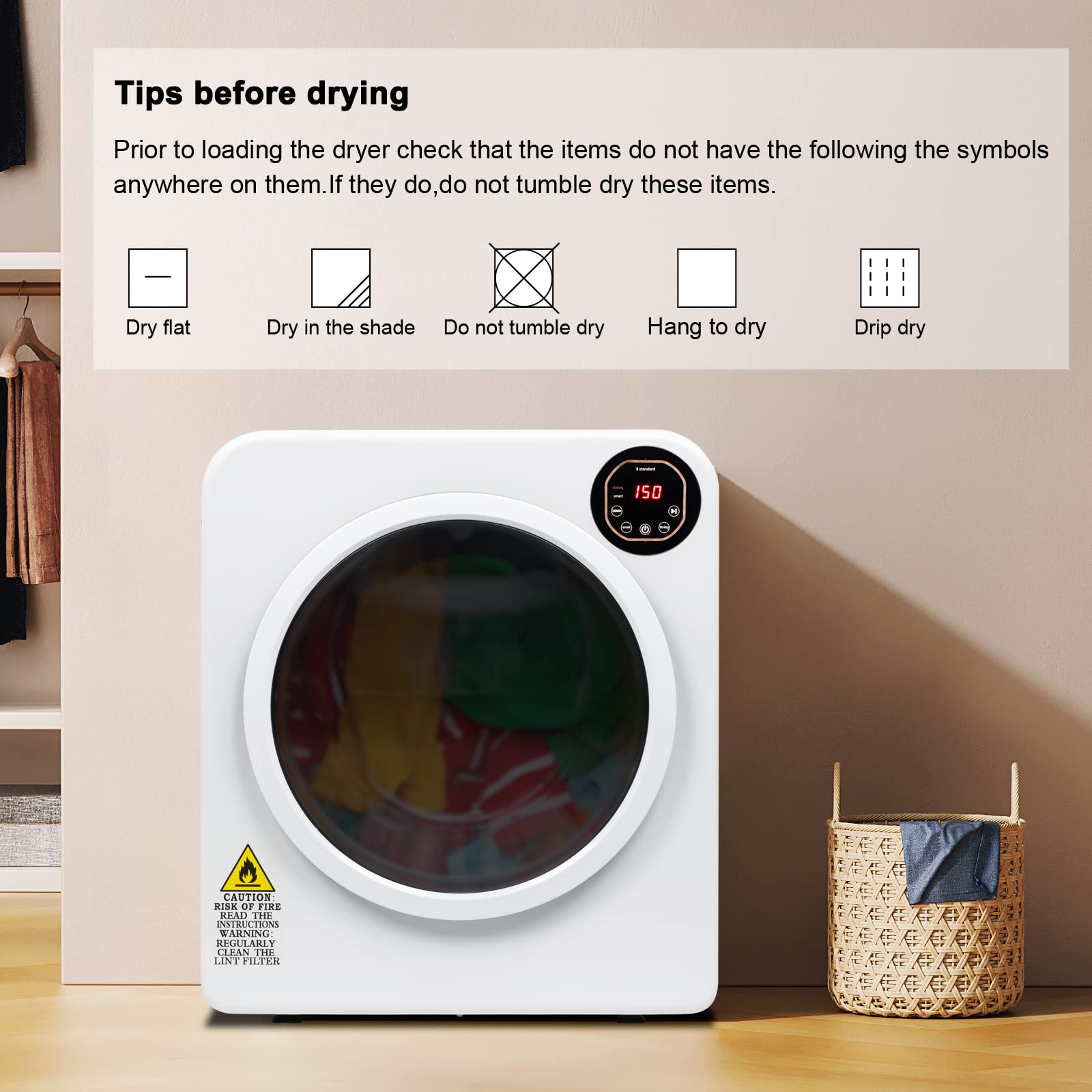 Kcelarec Portable Laundry Dryer, Compact Laundry Dryer for Clothes, 13.2LB Front Load Stainless Steel Clothes Dryers W/Exhaust Pipe, LCD Control Panel, 1300W For Apartment, RV, Home, Dorm