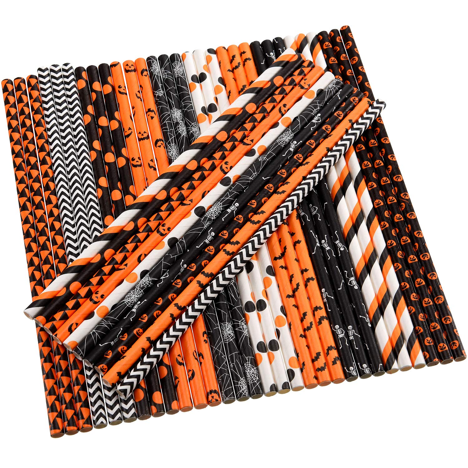 250 Pieces Halloween Drinking Straws Pumpkin Paper Straws Striped Paper Drinking Straws with Pumpkin Bat Spider Web Skeleton Pattern for Halloween Party Supplies, 10 Styles