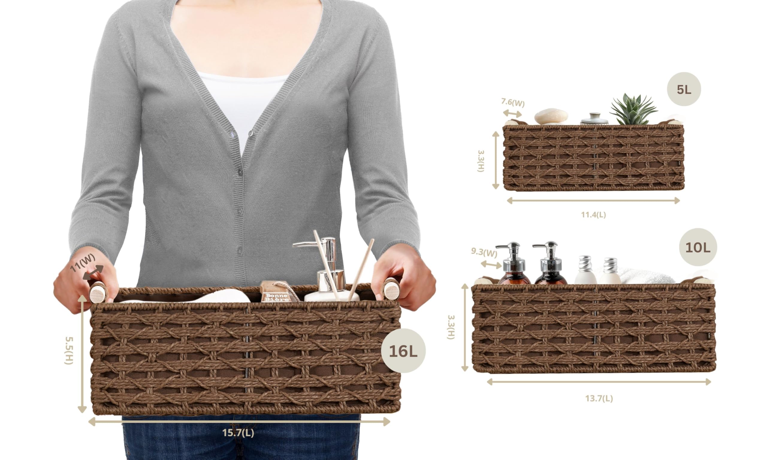 DECOMOMO Wicker Storage Basket, Toilet Paper Basket for Organizing Storage, Paper Rope Baskets with Liner and Wooden Handles for Shelves Cosmetics Books (Brown β 3 Pack)