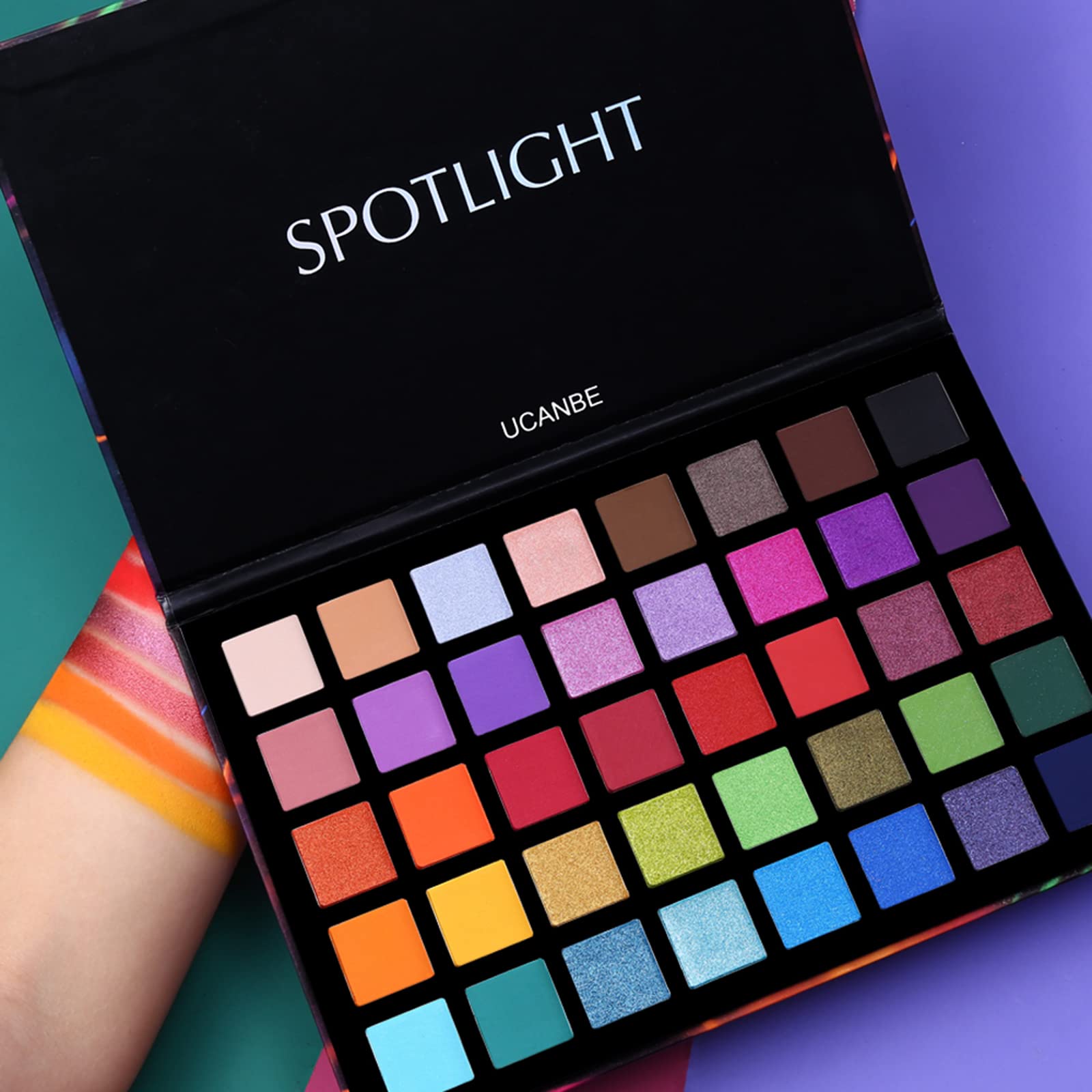 UCANBE Spotlight Eyeshadow Palette + 15 PCS Eye Brushes Makeup Set, Professional 40 Color Matte Shimmer Glitter Eye Shadow Pallet Highly Pigmented Waterproof Long Lasting Make up Pallete