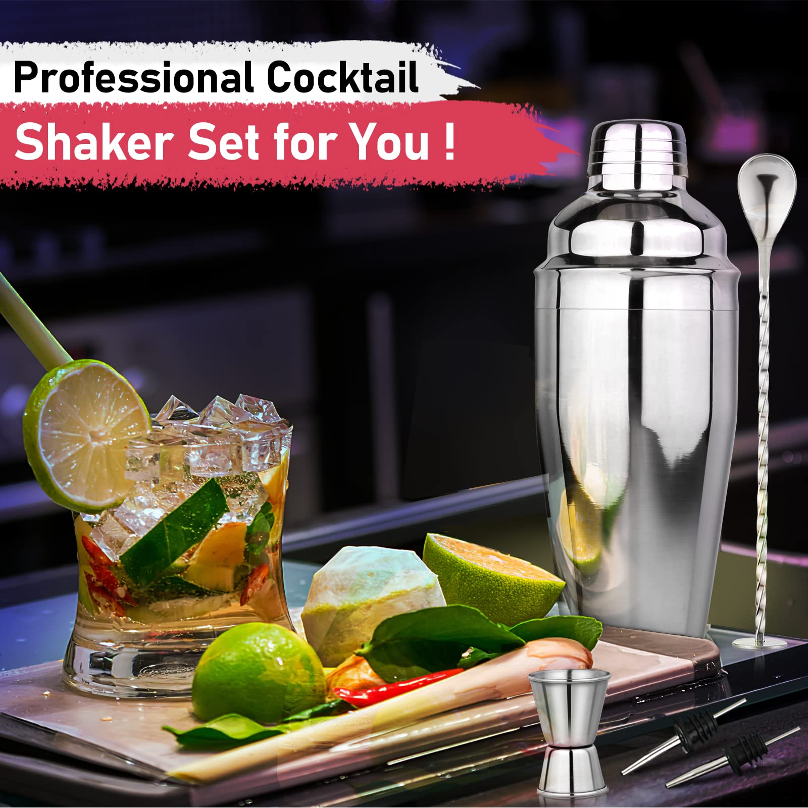 25oz Cocktail Shaker Set 5pcs Martini Shaker Set Portable Bartender Kit with Shaker, Mixing Spoon, Measuring Jigger, 2 Liquor Pour Spouts - Professional 18/8 Stainless Steel Bar Tools for Mixed Drinks