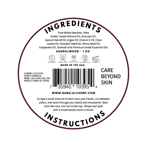 Babel Alchemy Beard Balm and Conditioner - All Natural Organic Grooming Beeswax Balm for Leave-In Conditioning, Styling, Softening, and Promoting Growth (Sandalwood)