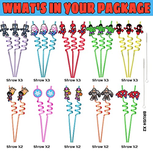 25pcs Spider Party Favors Reusable Drinking Straws, 10 Designs Amazing Friends Birthday Party Supplies with 2 Cleaning Brush