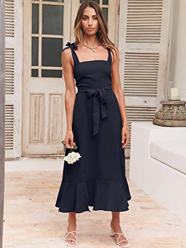 ANRABESS Women's Elegant Bridesmaid Dresses Square Neck Ruffle Split Midi Formal Dress for Wedding Guest Cocktail Party 2023 Gradution Prom Evening Night Dresses 893zanglan-L Navy Blue