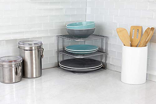 Home Basics Heavy Weight Vinyl Coated 3 Tier Steel Smart Kitchen Cabinet Corner Storage Shelves and Raised Counter Shelf Racks Organizer, Silver