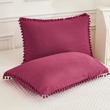 Andency Pom Pom Fringe Duvet Cover Queen Size (90x90 Inch), 3 Pieces (1 Solid Burgundy Red Duvet Cover, 2 Pillowcases) Soft Washed Microfiber Duvet Cover Set with Zipper Closure, Corner Ties