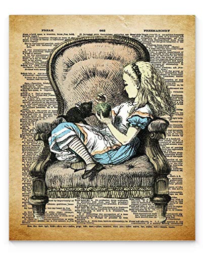Alice in Wonderland Wall Art, 11x14 Un Framed Decor Print On Upcycled Vintage Style Dictionary Page. Ideal for Book Lovers, English Teachers, Librarians and Lewis Carroll Fans