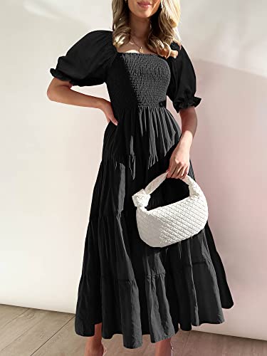 ANRABESS Women's Casual Summer Midi Dress Puffy Short Sleeve Square Neck Smocked Tiered Boho 2023 Spring Dresses for Wedding Bridal Shower 877heise-M Black