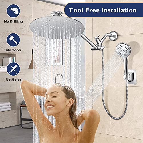 Rain Shower Head, 12" High Pressure Round Rainfall Shower Head Combo with 11" Adjustable Extension Arm, 5-Settings Handheld Shower Heads with 60" Stainless Steel Hose Anti-Leak (Chrome)