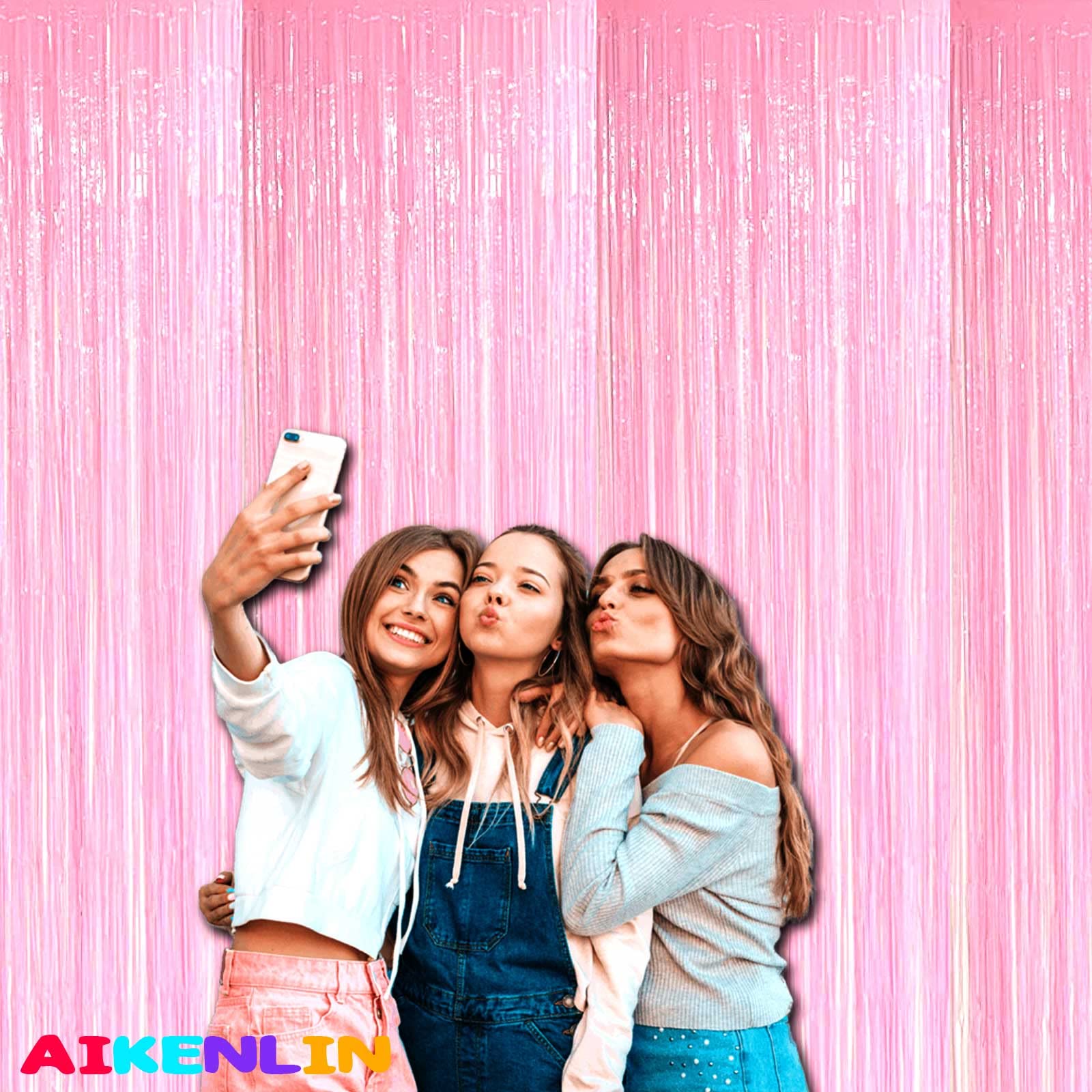 4 Pack 3.2Ft x 8.2Ft Pink Foil Fringe Curtain Backdrop, Metallic Tinsel Foil Fringe Streamers Curtains Background for Photo Booth, Birthday, Wedding, Halloween, Christmas Party Decoration
