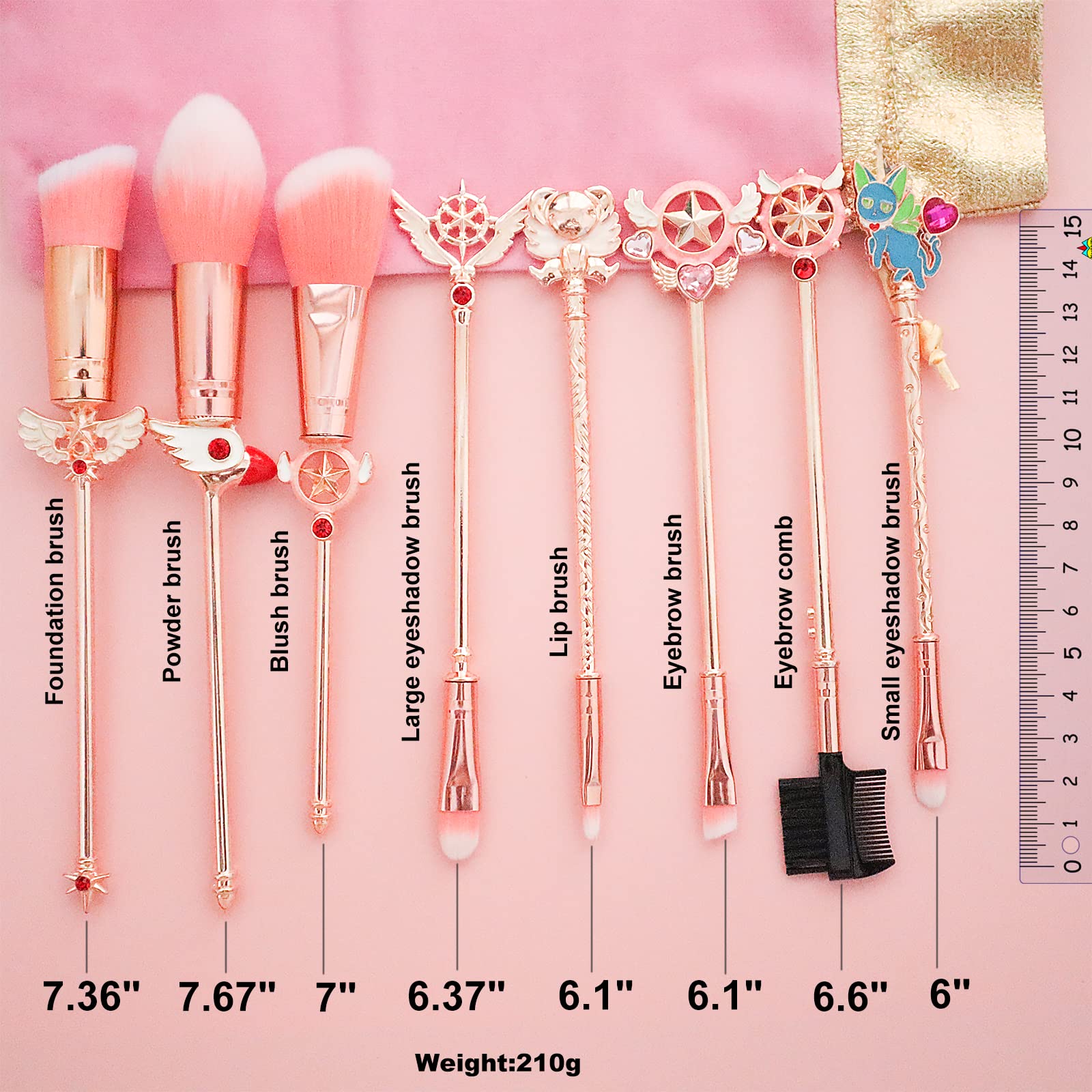 8Pcs Cardcapto Sakor Makeup Brushes Set, Rose Gold Anime Series Cosmetic Makeup Tool Kit Set with Pink Drawstring Bag