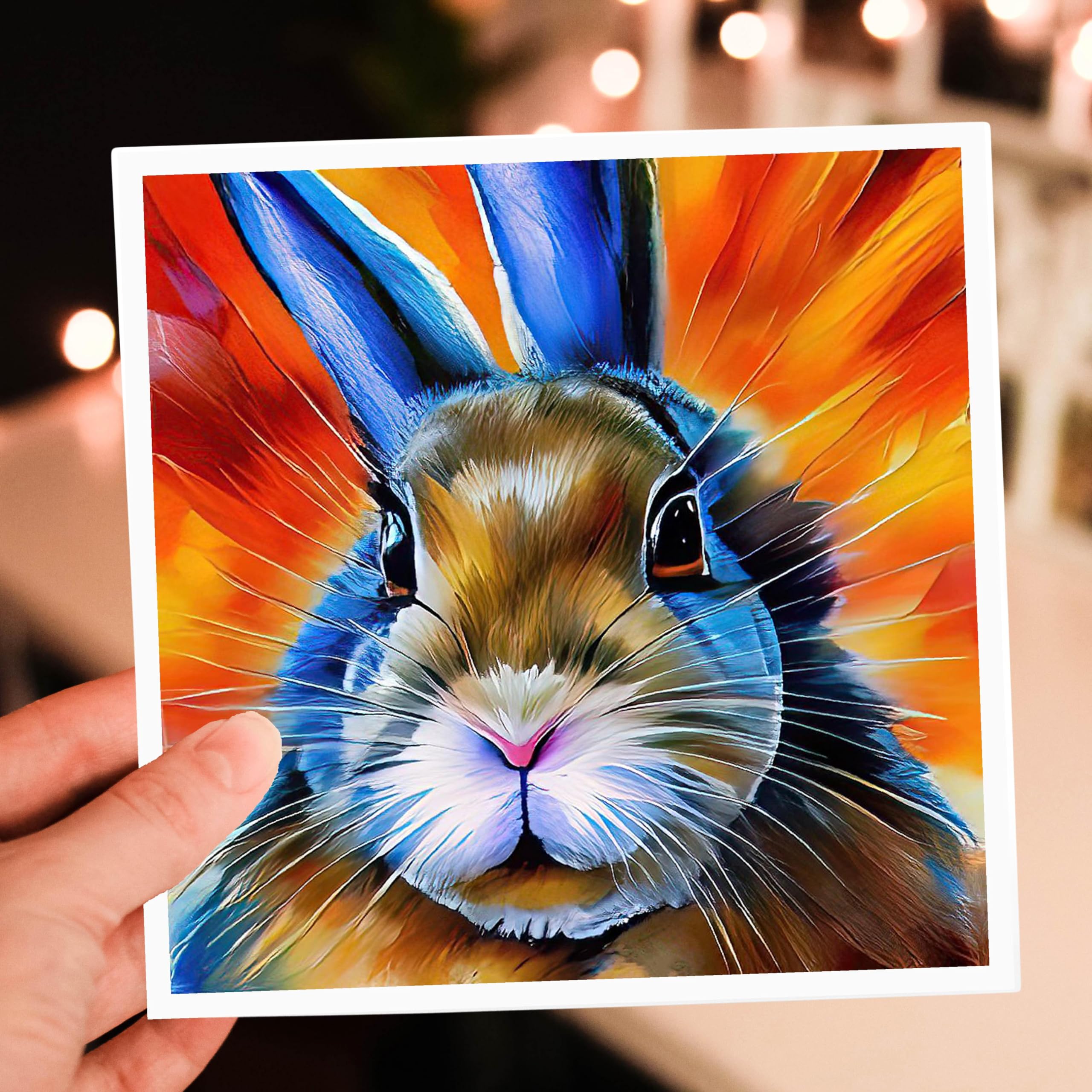 3dRose Greeting Card - Charming bunny face, red, orange background. Digital art gift for you - Alexis Design - Animals Bunny