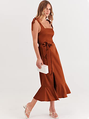 ANRABESS Women's Satin Formal Dress Square Neck Ruffle Split Midi Bridesmaid Dress for Wedding Guest Cocktail Party A1008jiaotang-M Caramel