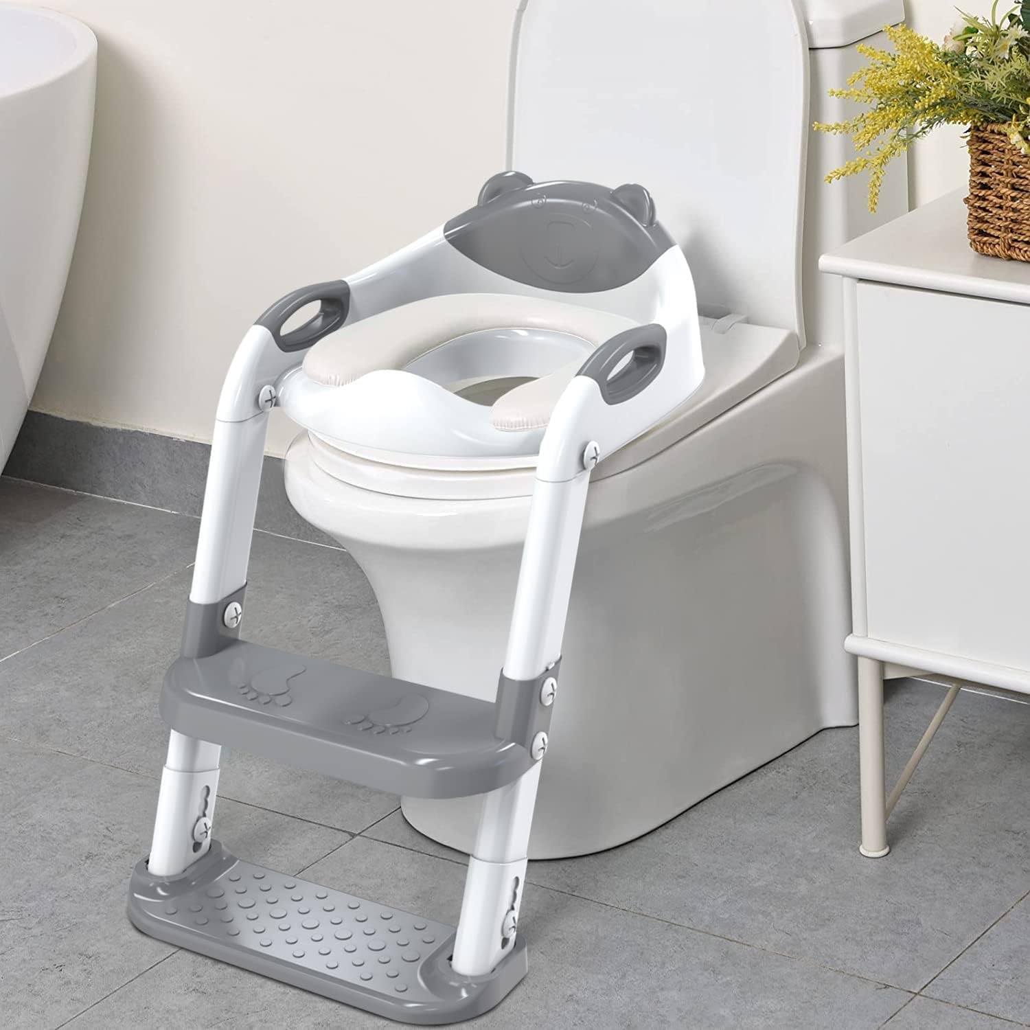 711TEK Potty Training Seat with Double Step Stool Ladder - 2022 Upgraded Version Potty Training Toilet, More Slip Resistant and Stable(Bear-Grey)