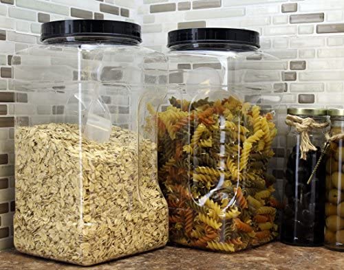Cornucopia Square Gallon Size Clear Plastic Canisters (2-Pack); 4-Quart Jar Grip Containers w/ Plastic Scoops; BPA-Free