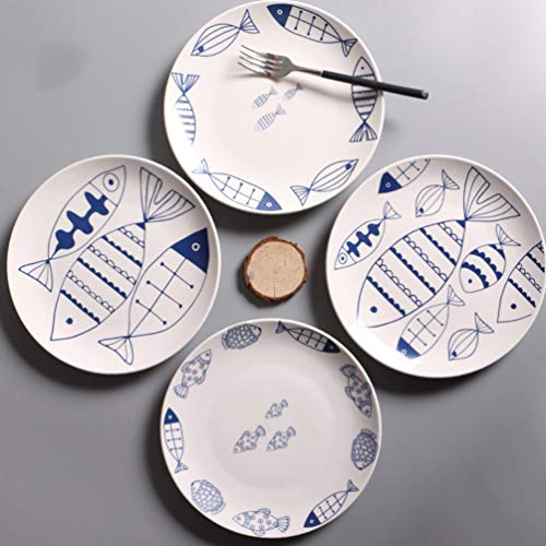 YARNOW 8-inch Ceramic Serving Plate Porcelain Round Platter Dessert Salad Tray Dinner Dish Bowl for Tabletop Home Restaurant (Nine Fishes)