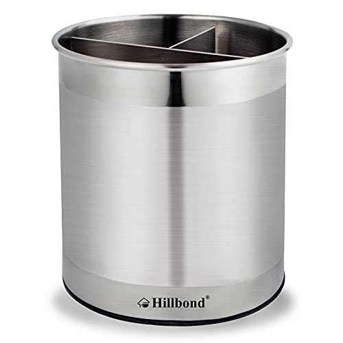 Hillbond Stainless Steel Utensil Holder with Removable Divider for Easy Clean, 360° Rotating Kitchen Utensil Crocks with Weighted Base for No Tipping Over, Utensil Caddy Organizer (EXTRA LARGE)