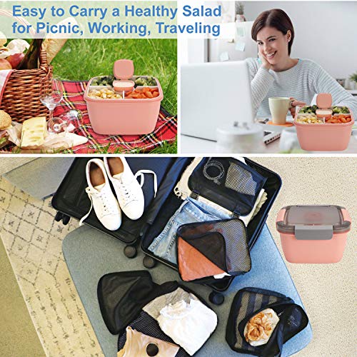 Freshmage Salad Lunch Container To Go, 52-oz Salad Bowls with 3 Compartments, Salad Dressings Container for Salad Toppings, Snacks, Men, Women (Pink)