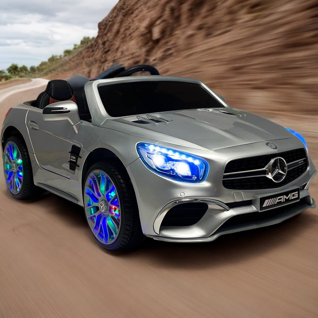 Americas Toys Kids Car with Remote Control, Mp4 Touch Screen, LED Wheels, Leather Seat – Electric Car for Kid to Drive, Open Trunk, Pull Handle, Compatible with Mercedes Benz Painted Silver