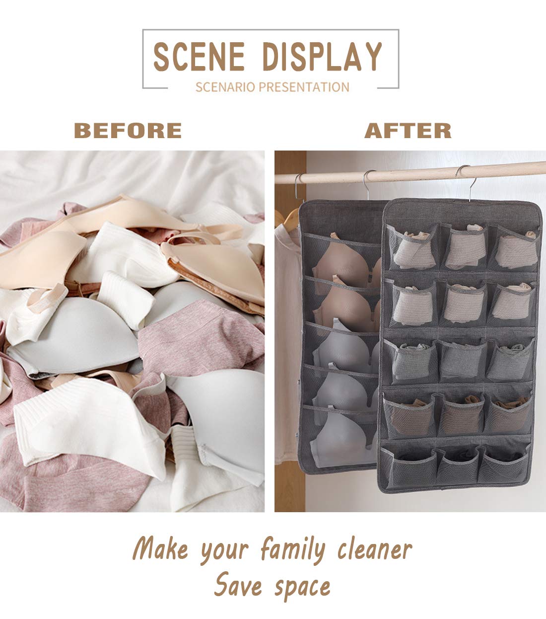 AARAINBOW Hanging Bra Organizer with Pockets, Hanging Sock Organizer, Dual Sided Hanging Closet Underwear Storage Holder for Lingerie, Panty Tie (20 Pockets, Gray)