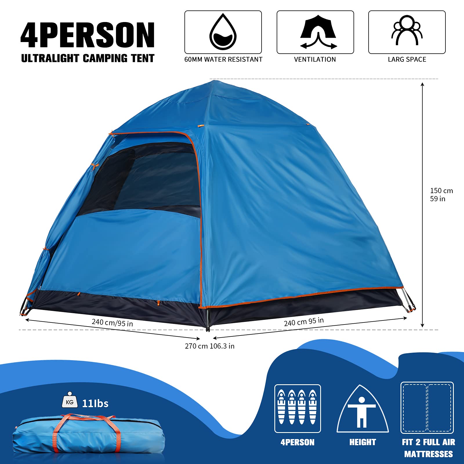 3-4-Person Waterproof Pop up Camping Tent with Rainfly Instant Tent Portable with Carring Bag (Blue)