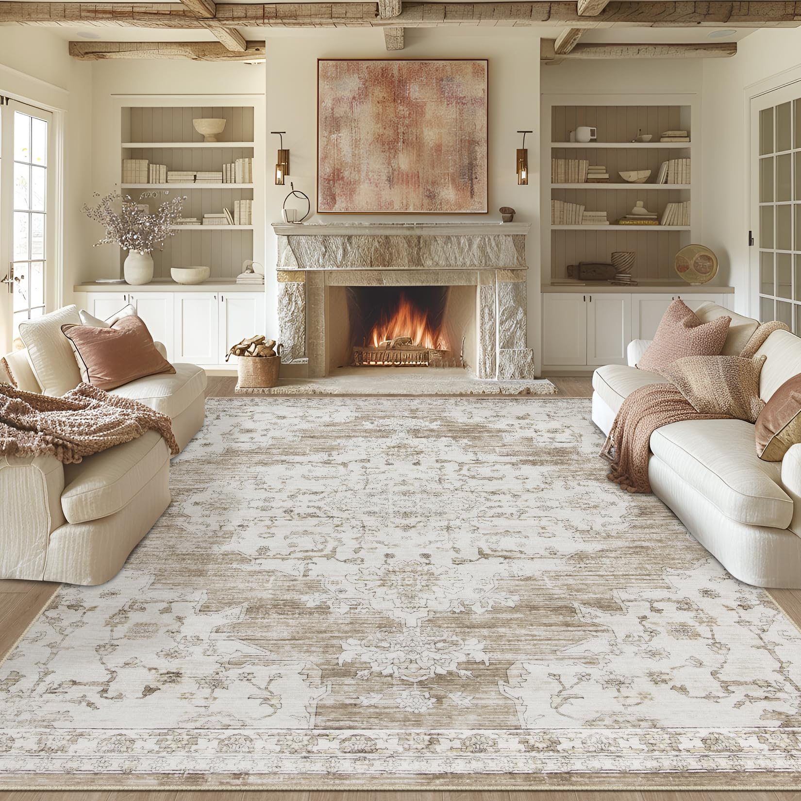 8x10 Area Rugs Washable Rug: Lagre Vintage Living Room Rug with Non-Slip Backing Low Pile Rug Soft Indoor Floor Thin Carpet Non Shedding Neutral Carpets for Bedroom Dining Room Farmhouse Nursery Beige