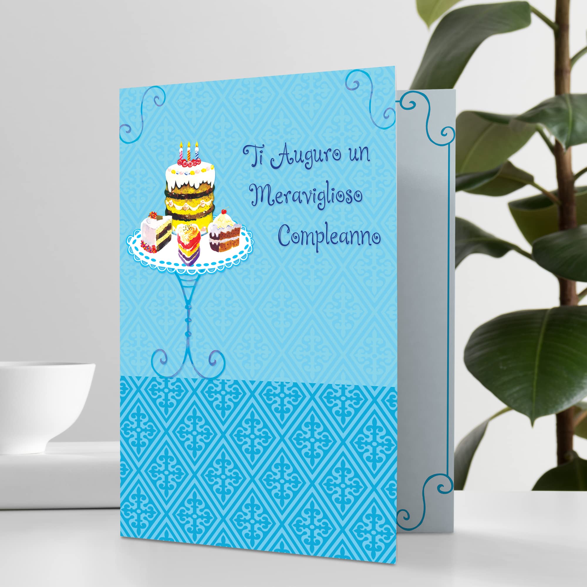 Designer Greetings Italian Language Happy Birthday Cards, Fun Colorful Cake Pastries Design (Pack of 6 Cards with Blue Envelopes / 6 biglietti di auguri e buste)