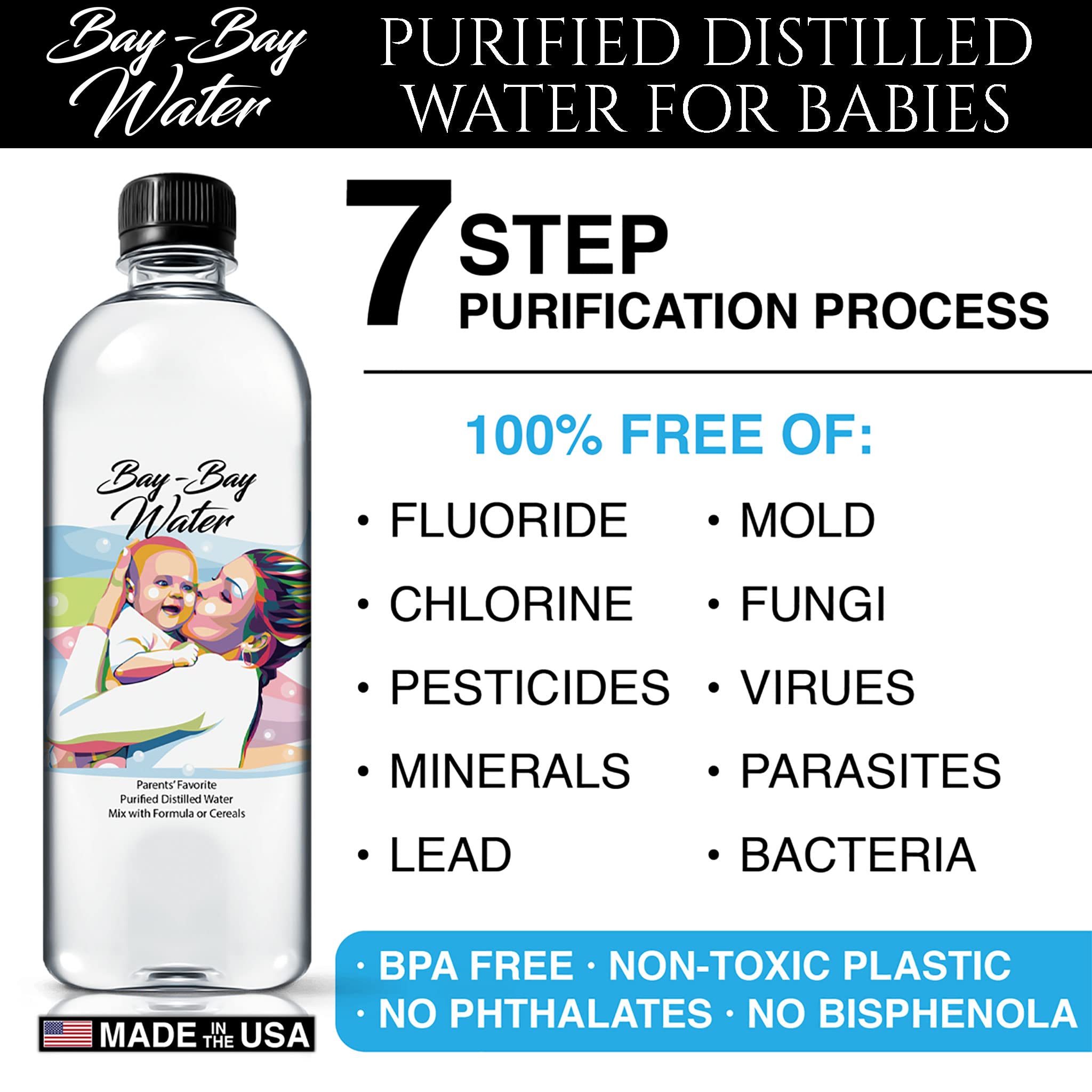 36 Pack Distilled Water by Bay Bay Water - Baby Water for Mixing Formula - Fluoride Free 16.9 fl oz