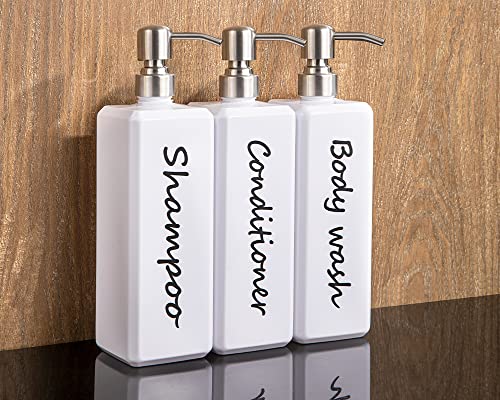 27 oz Reusable Shampoo and Conditioner Bottle set of 3 - With 304 Rust Proof Stainless Steel Pump, for Shampoo, Conditioner,Body Wash - Empty Plastic Refillable Containers for Shower (Silver)