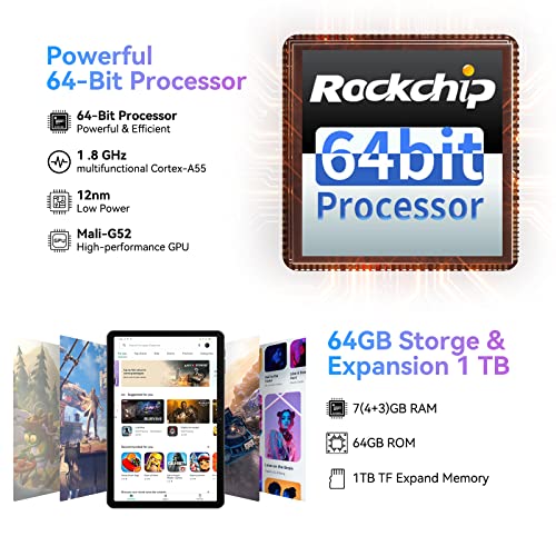 Blackview Tablet Android 12 Tab 8 WiFi Tablets 10.1 Inch 7GB(4+3 Expand) RAM+64GB/1TB ROM Quad Core Processor 6580mAh 1280×800 HD+IPS Display 13MP+8MP Daul Camera WiFi 6 BT 5.0 GMS Gray