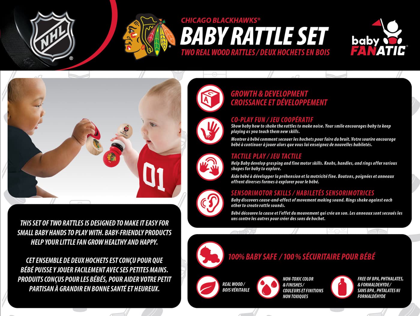 BabyFanatic Wood Rattle 2 Pack - NHL Chicago Blackhawks - Officially Licensed Baby Toy Set