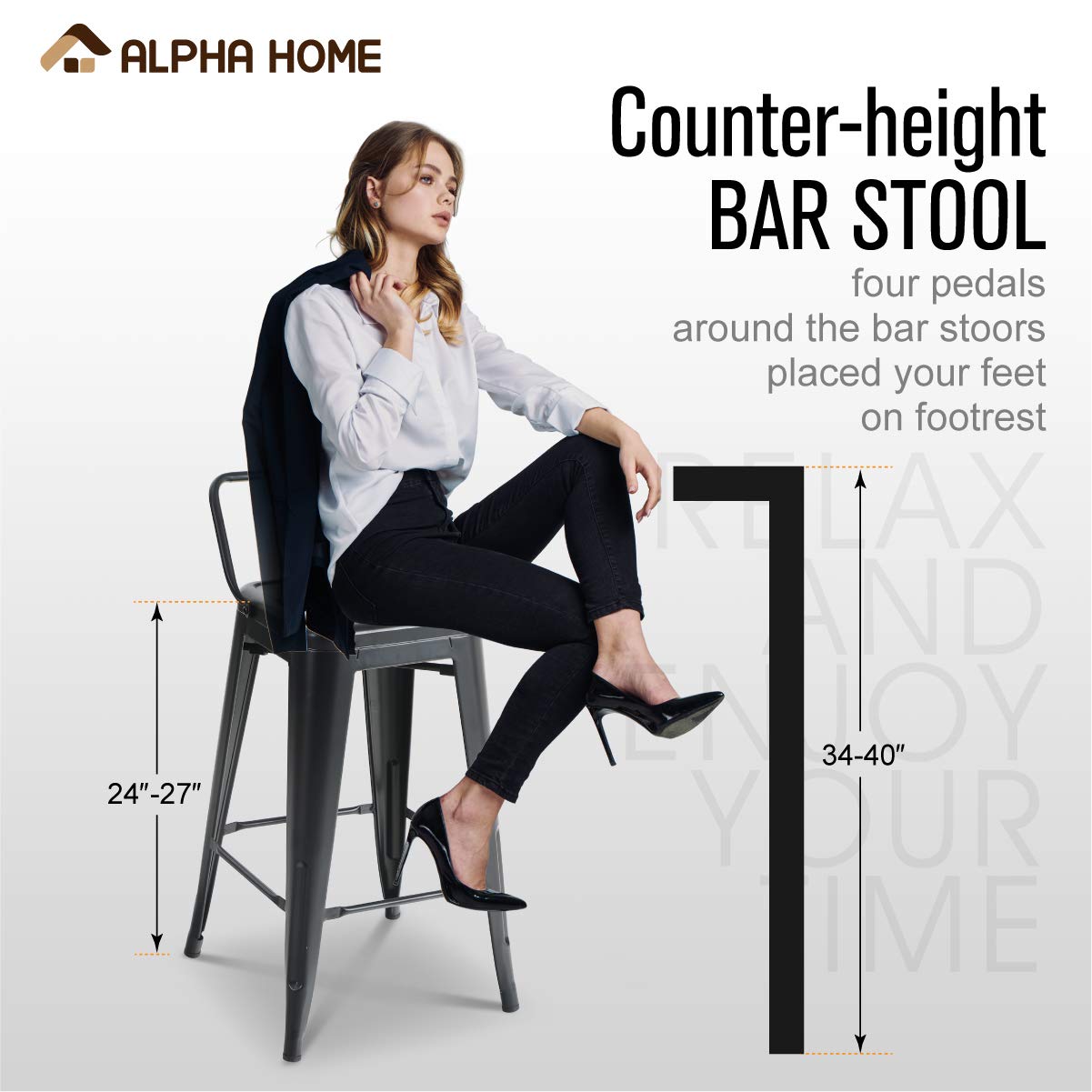 ALPHA HOME Metal Bar Stool Patio Stool 24 inches Counter Height Stools Set of 4 with Low Back Bar Chair for Indoor-Outdoor Kitchen Weight Capacity 350 lb, Matte Black