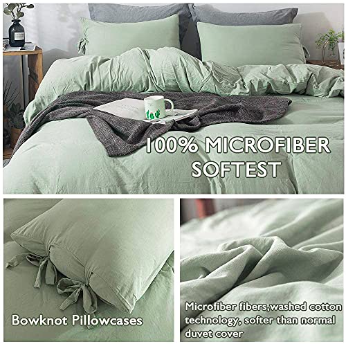 annadaif Green Duvet Cover Queen Size, 3 Pieces Soft Washed Microfiber Duvet Cover Set, Comforter Cover with Bowknot Bow Tie (1 Duvet Cover 90x90 Inch, 2 Pillowcases) Easy Care Bedding Set