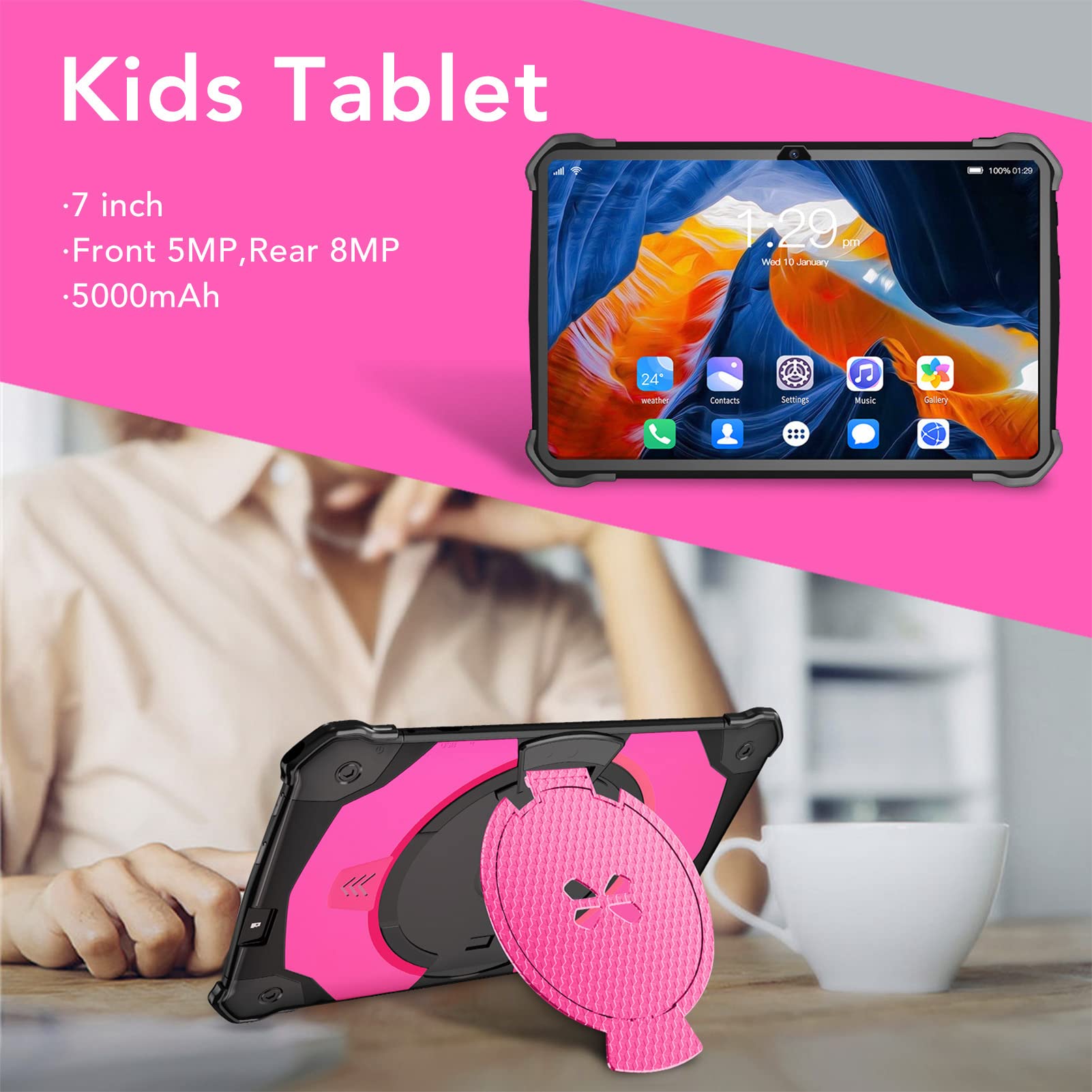 7 Inch Portable Kids Tablet, 1080P Full HD Tablet, 10, Octa Core CPU, 4GB+32GB, 1960x1080, Learning Education Tablet for Toddlers ()