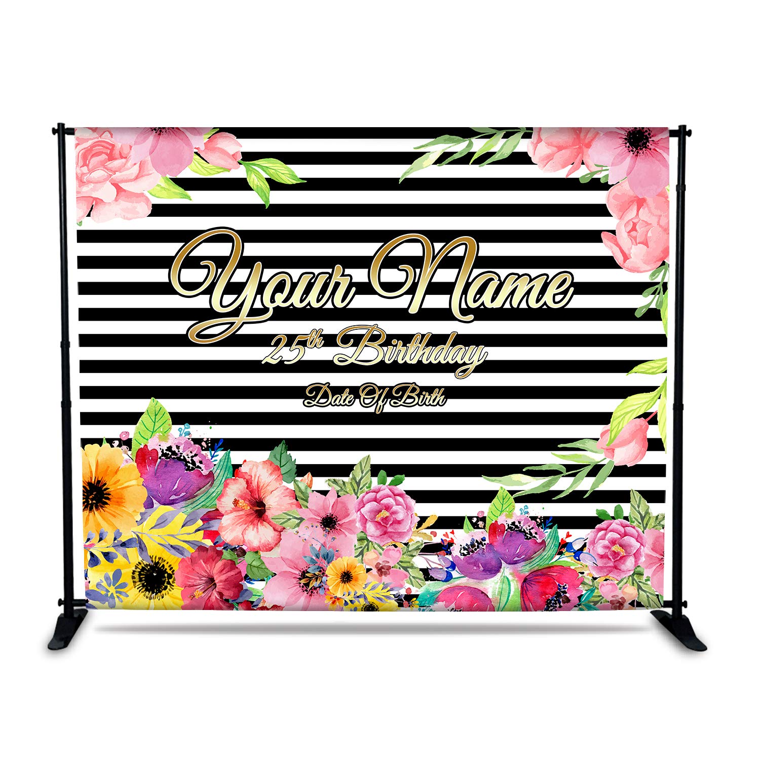 BannerBuzz Happy 25th Birthday Custom Step and Repeat Banner, Graphic with Hardware, 11 oz. PVC Flex, 38 mm Pole Diameter, 720 DPI Eco-Solvent Printing, for Events and Parties, Photography Background (8'W x 8'H)